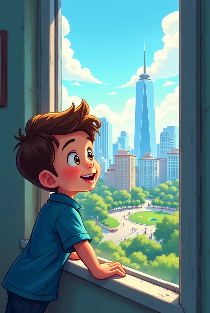 A boy looking out the window of the building at the good, happy city ...