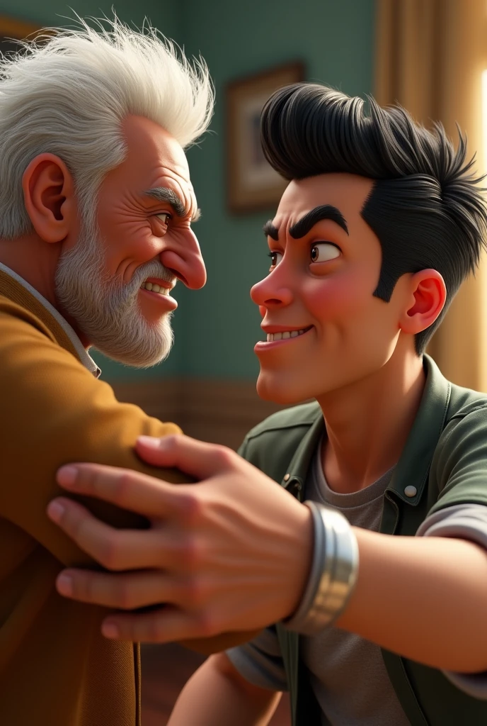 An old man giving a slap to a man with a Pixar 3D style pompadour ...