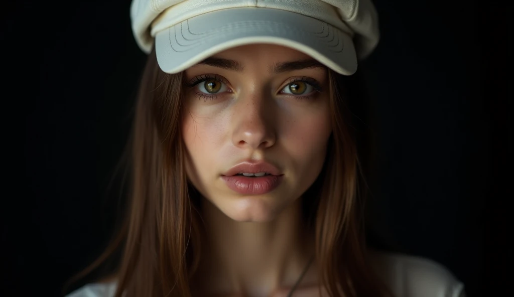 Beautiful woman in her 20s, long, straight brown hair and a white cap ...