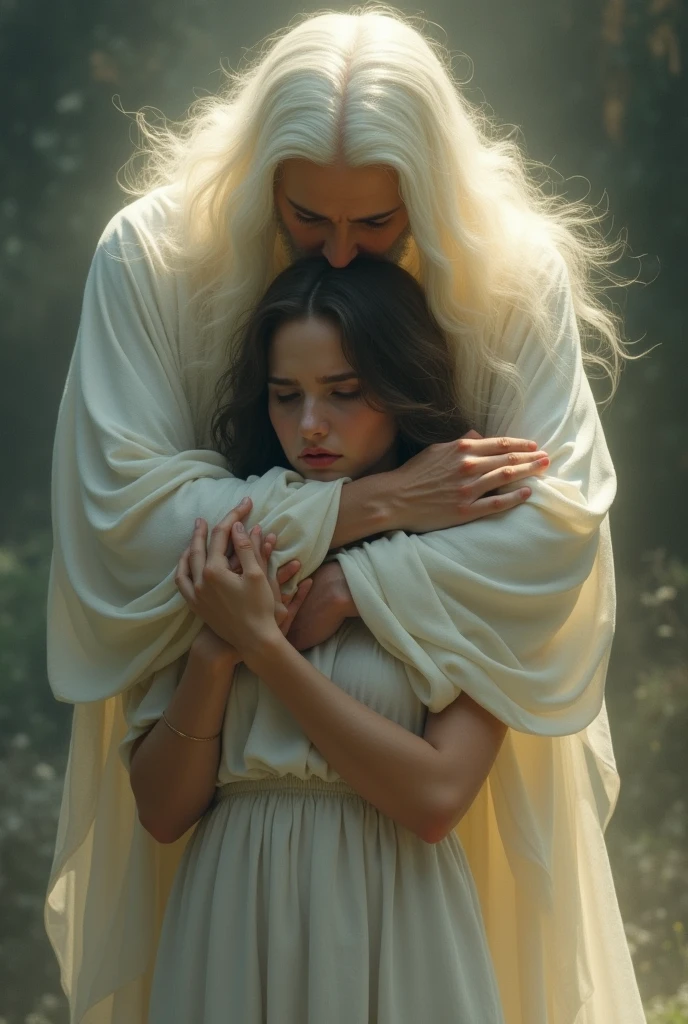 God hugs sad woman - SeaArt AI
