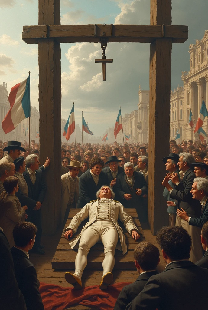 Create an image of Louis 16, make him dead with the guillotine and the ...