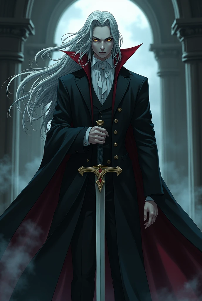 Vampire,gray and long hair,black eyes with yellow pupils,black overcoat ...