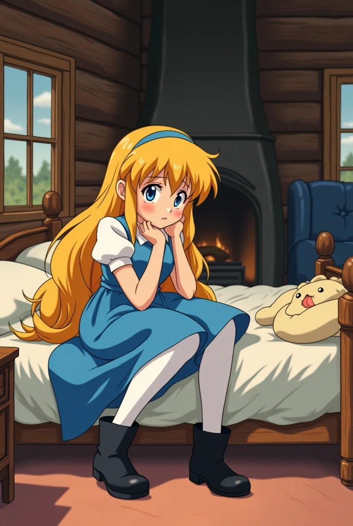 Goldilocks with her hair down, her blue dress with a white short ...