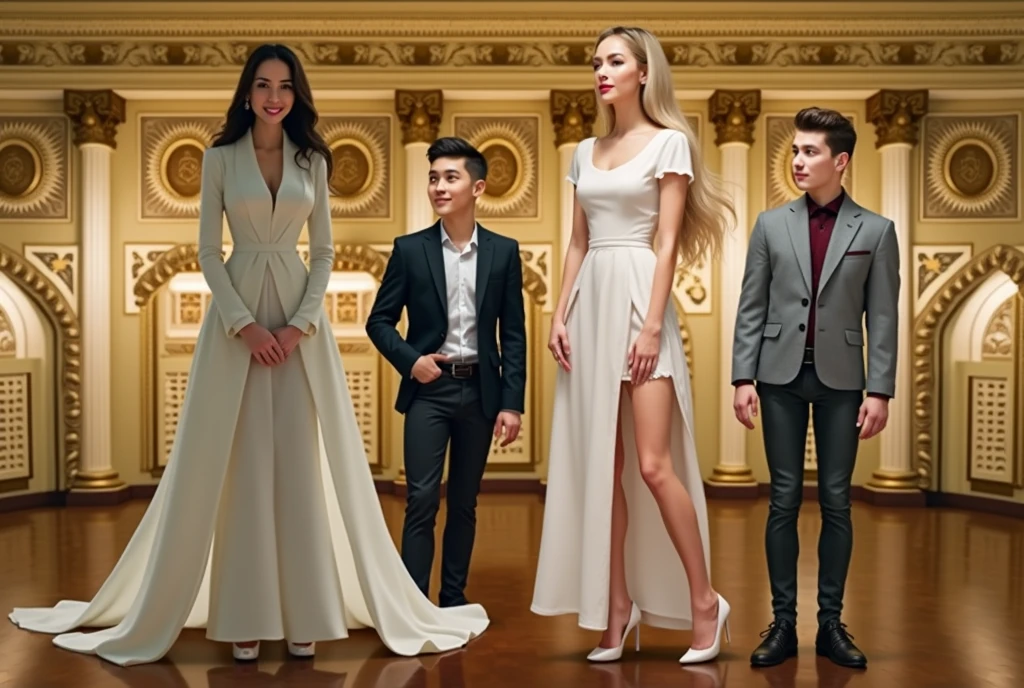 A tall woman stands next to her significantly shorter husband in the center of t - SeaArt AI