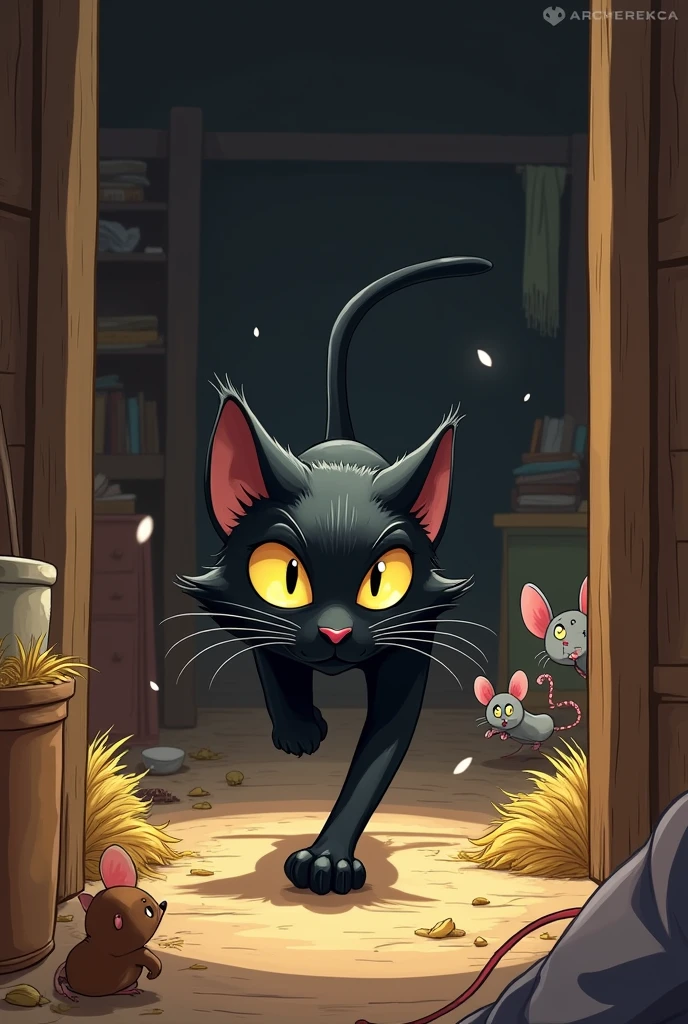 Animated black cat catching mice - SeaArt AI
