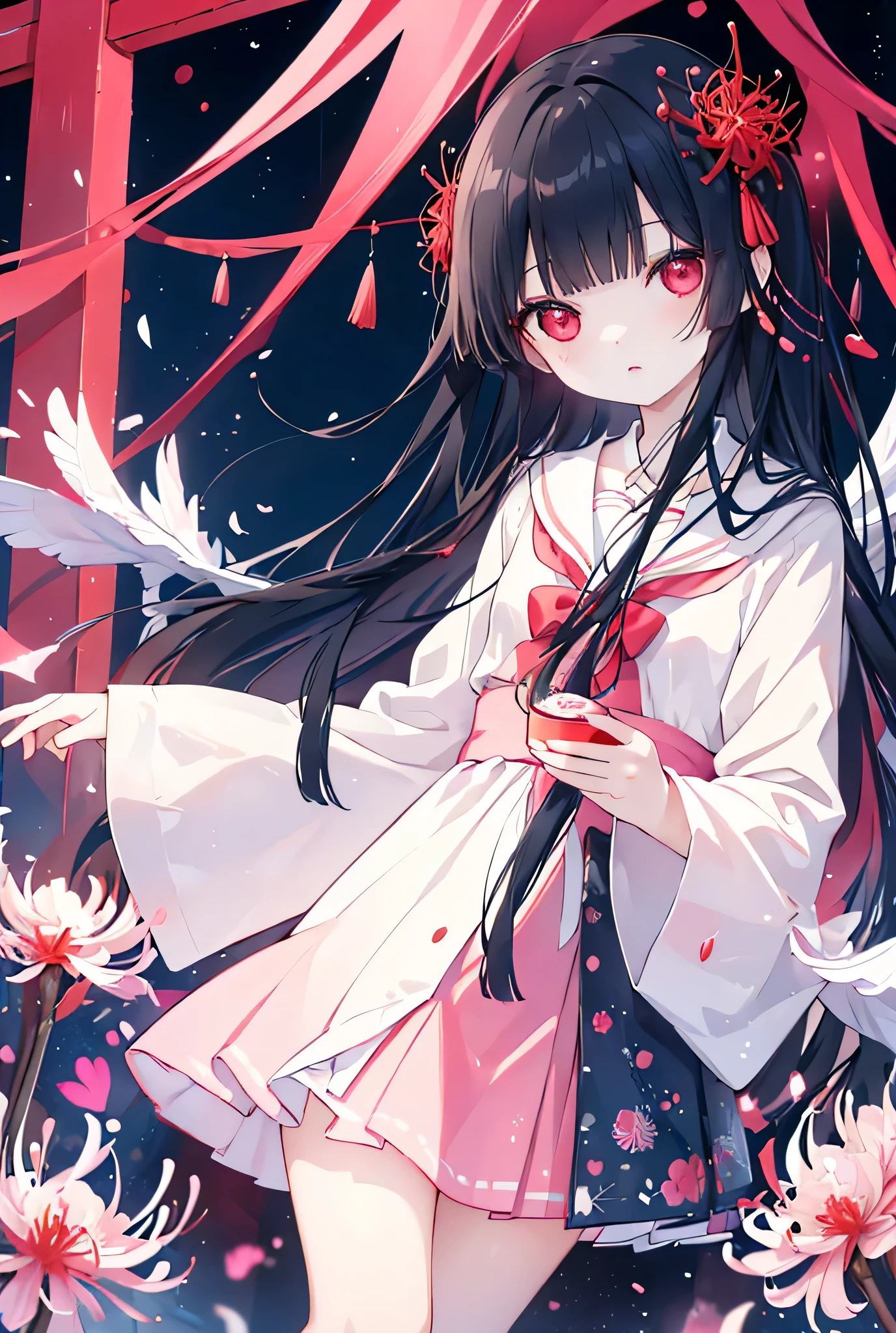 Anime girl with long black hair and red eyes in a white dress - SeaArt AI
