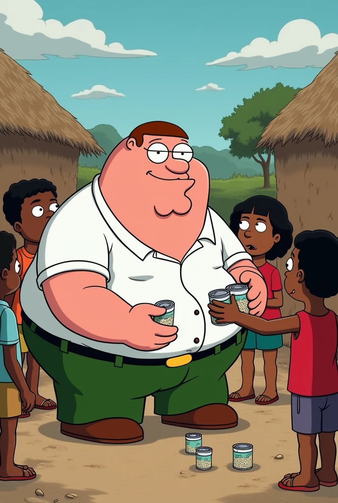 Character Peter Griffin giving food to black children in Africa - SeaArt AI