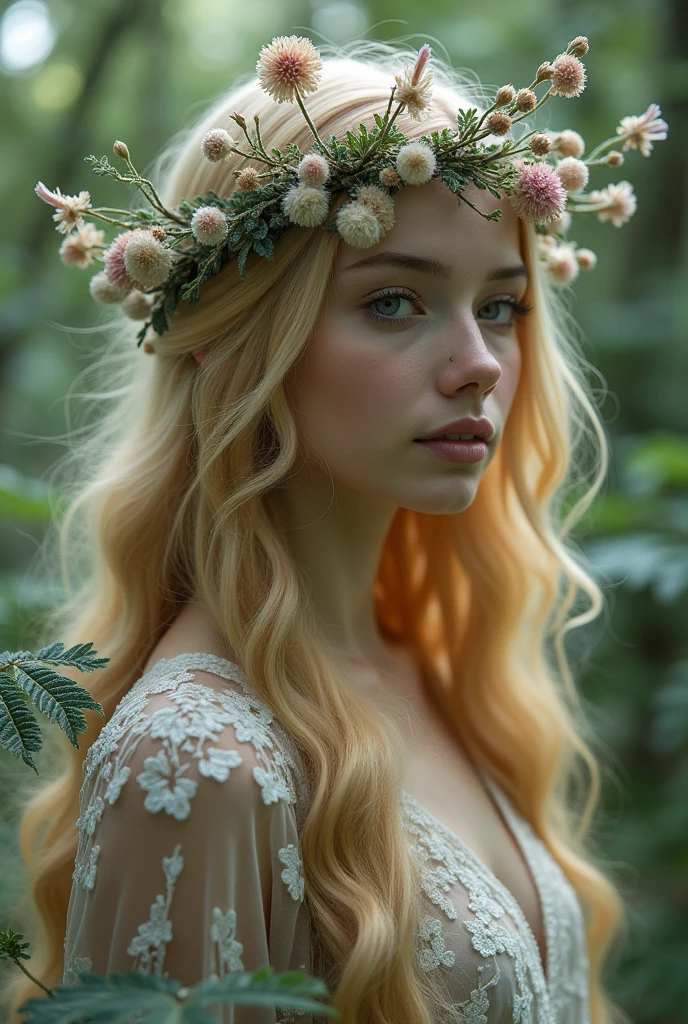 A close-up of a woman with long hair wearing a flower crown, ethereal ...