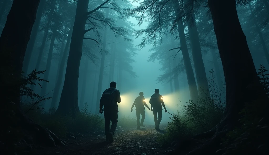 A group of researchers in the forest with flashlights, moving through ...