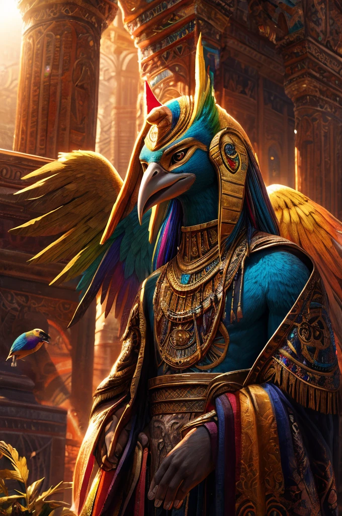 A furry humanoid bird, sun in the background, birds, eye of horus ...