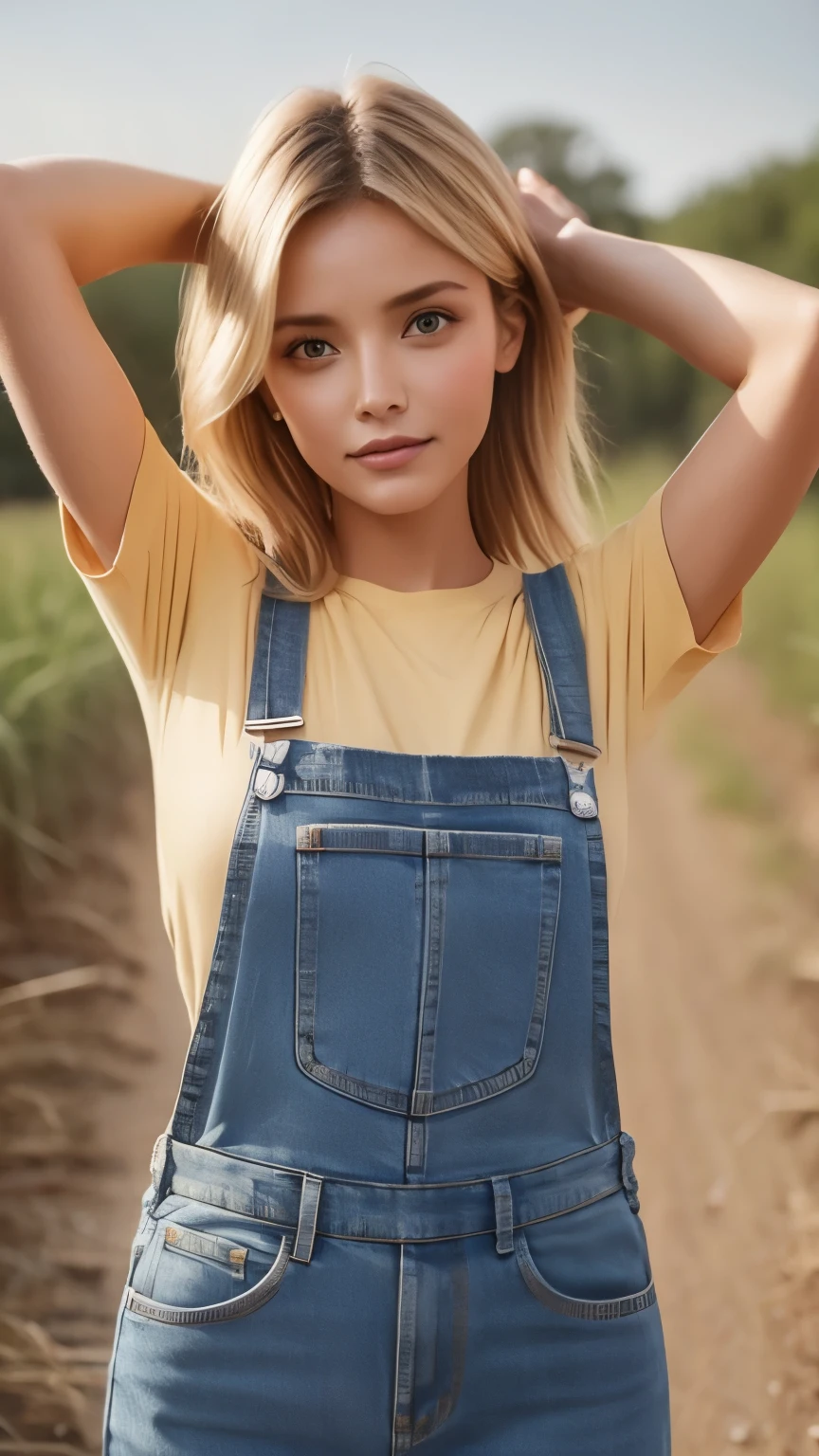 A woman in overalls posing on a dirt road - SeaArt AI