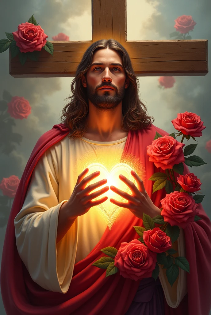 Create an illustration of the sacred heart of jesus christ. With roses ...