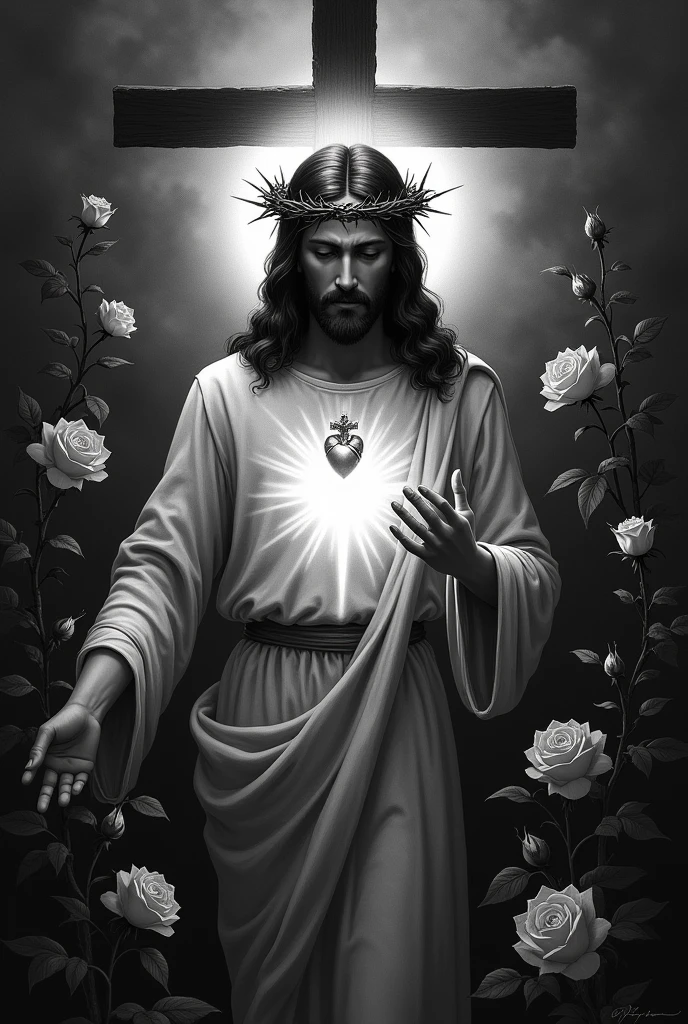 Create an illustration of the sacred heart of jesus christ. With roses ...