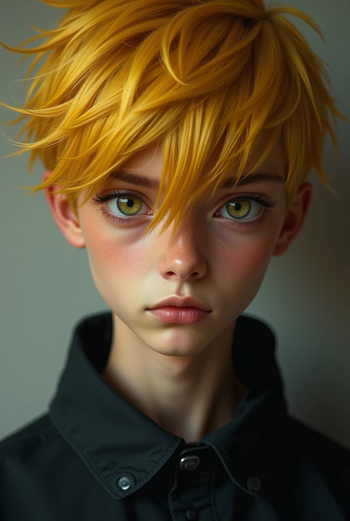 Boy with short yellow hair , brunette skin tone, tall with slanted eyes ...