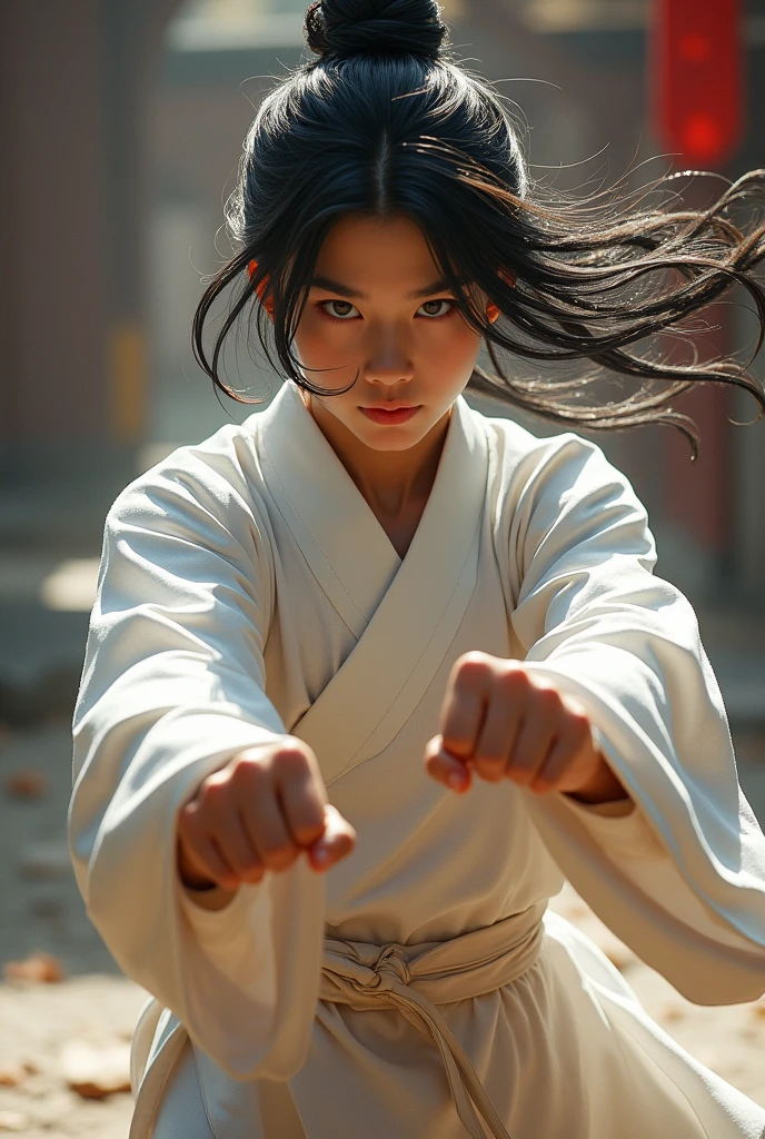 A young man stands in a powerful fighting stance, his black hair ...