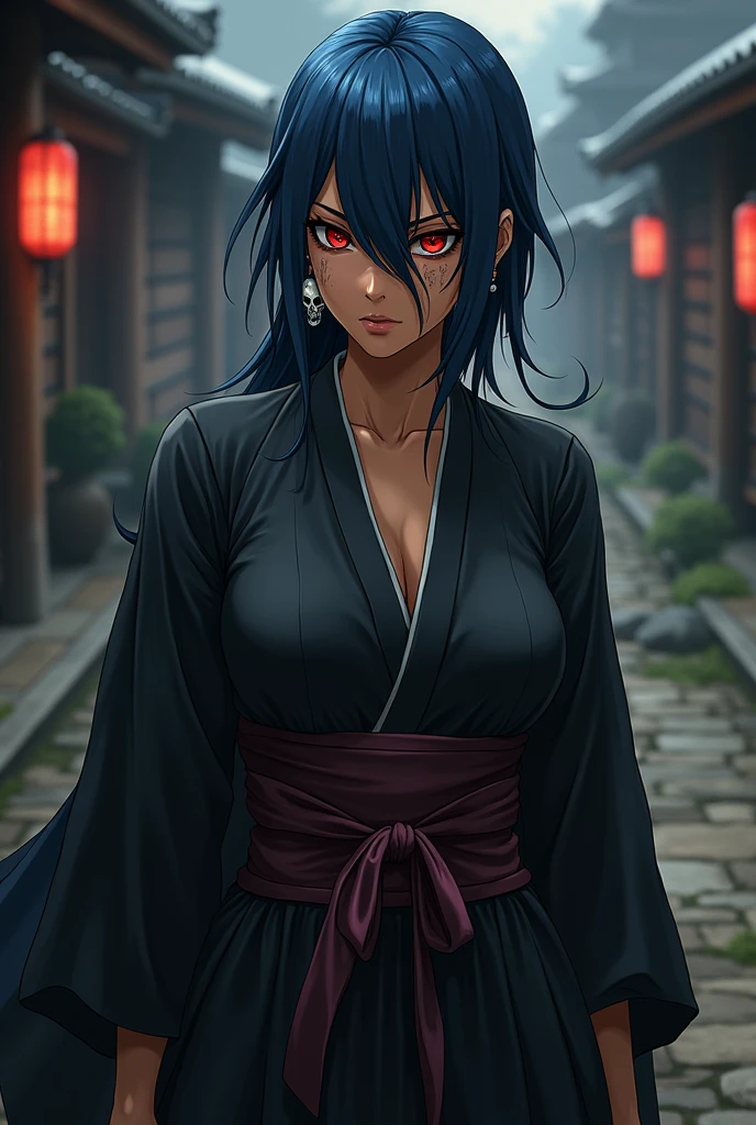 Anime style woman from Bleach, with dark blue hair, muscles not so big ...