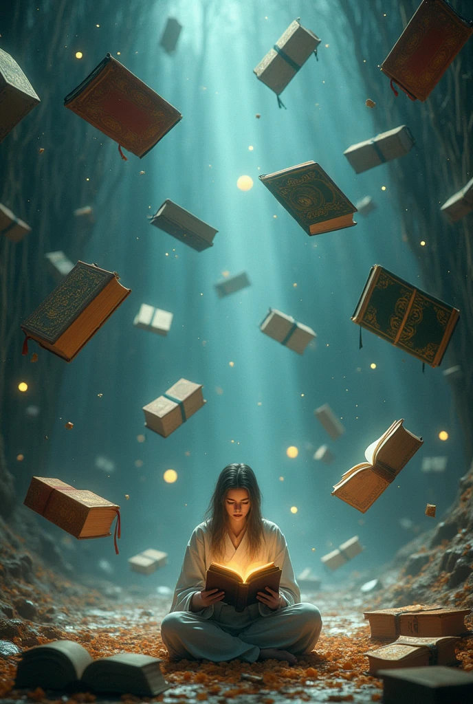 Magical floating books floating in the air with a person in the middle ...
