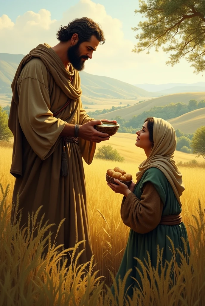 Biblical character Boaz, who looks like he is 30 years old, offering ...