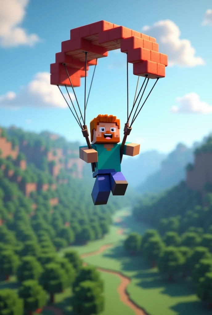 Minecraft, a ginger player paragliding, joy - SeaArt AI
