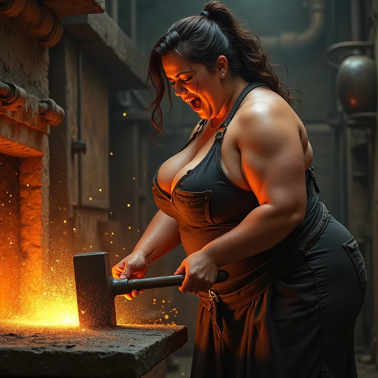 Sexy woman, blacksmith, she is working at the anvil, glowing metal - SeaArt AI