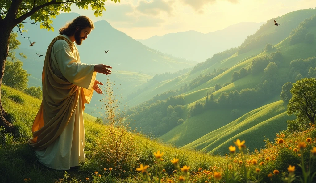 Jesus sowing a seed in a lush land in a beautiful landscape - SeaArt AI