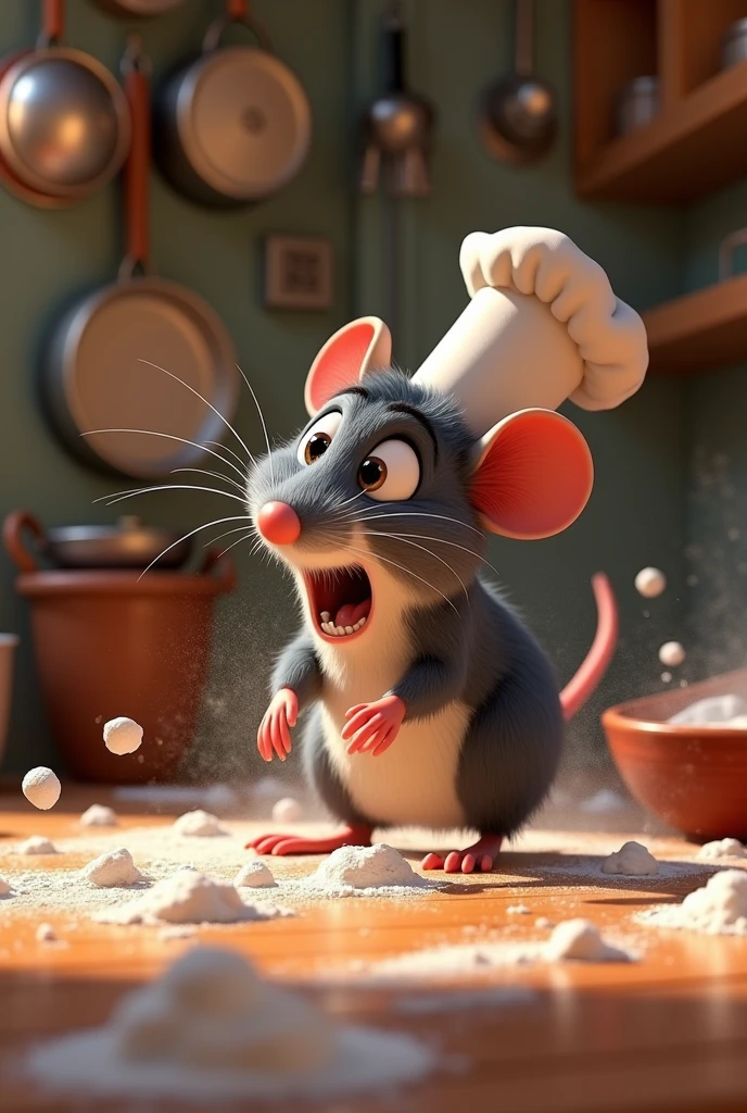 Image Prompt: "Remy, now covered in white flour, looks surprised ...