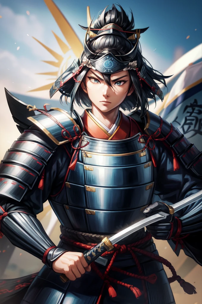 A women in armor holding a white fan in his hand, masamune, masamune ...