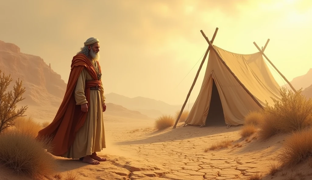 Abraham stand by his tent looking at the cracked soil in his feet in ...