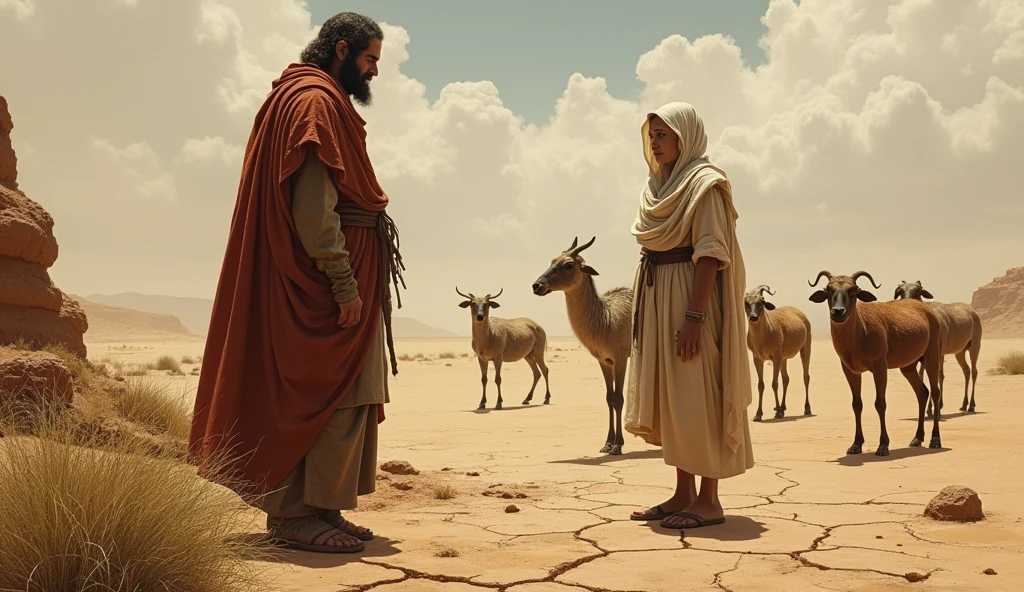 Abraham stand by his tent looking at the cracked soil in his feet with ...