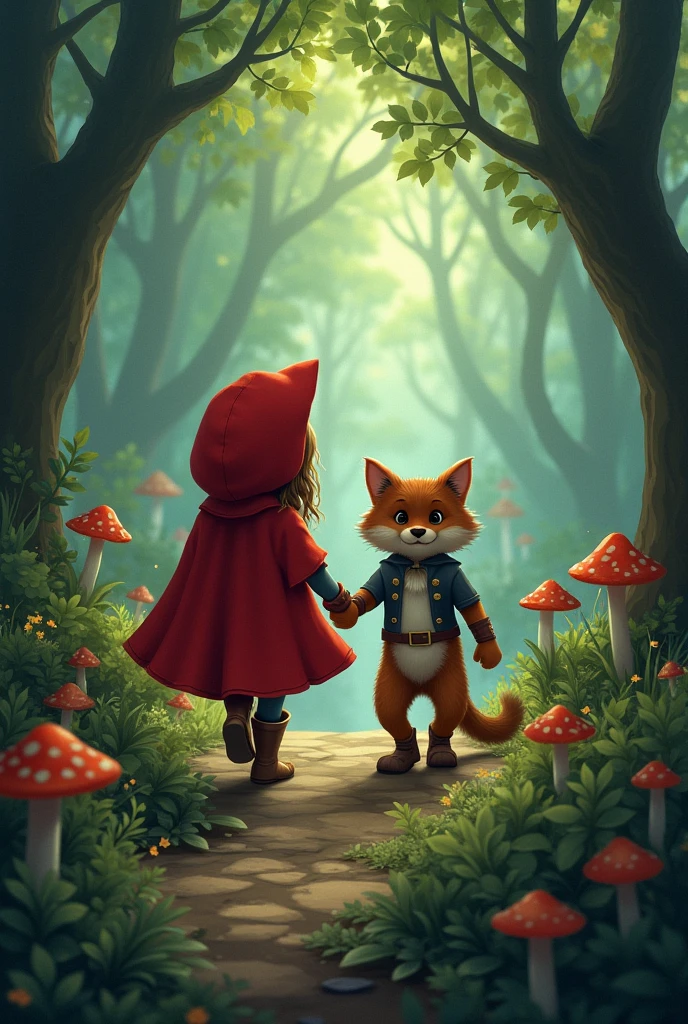 Little Red Riding Hood and Puss in Boots walking together through an ...