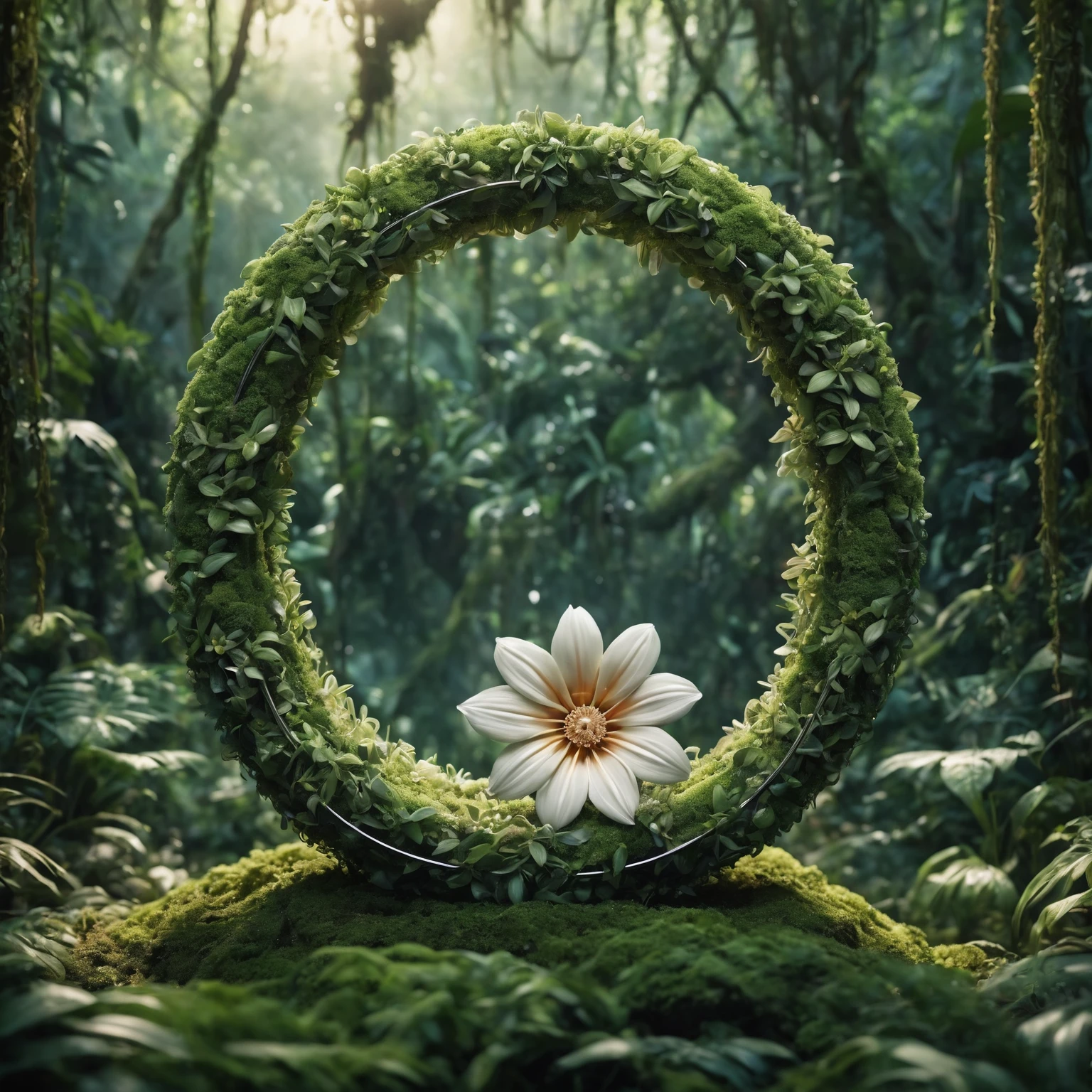 A flower shape of a wedding ring in a fantasy jungle - SeaArt AI