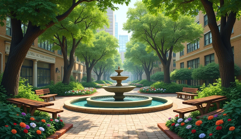 An outdoor study area located in the courtyard of a university campus ...