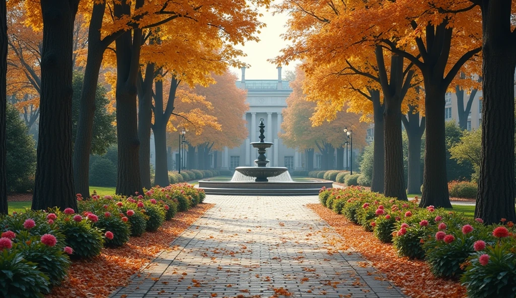 A picturesque university walkway lined with tall trees and colorful ...