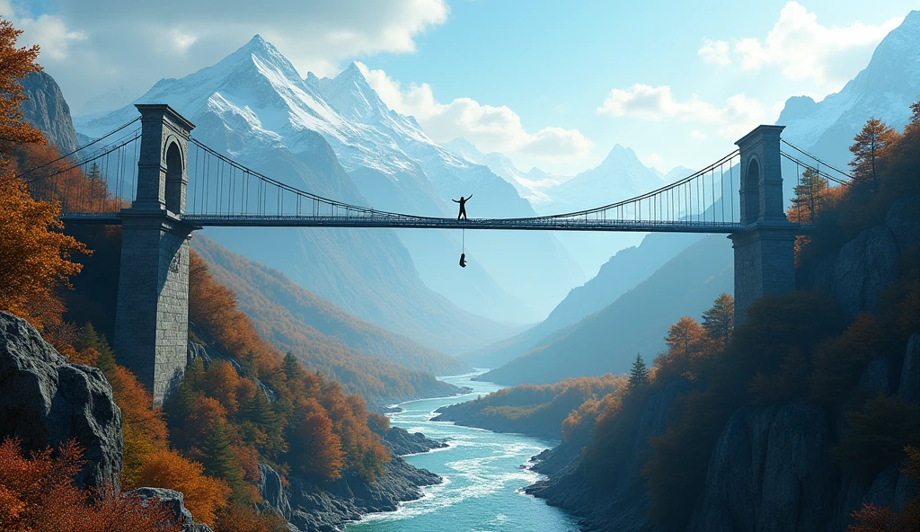 A beautiful suspension bridge connecting very high valleys, clear ...