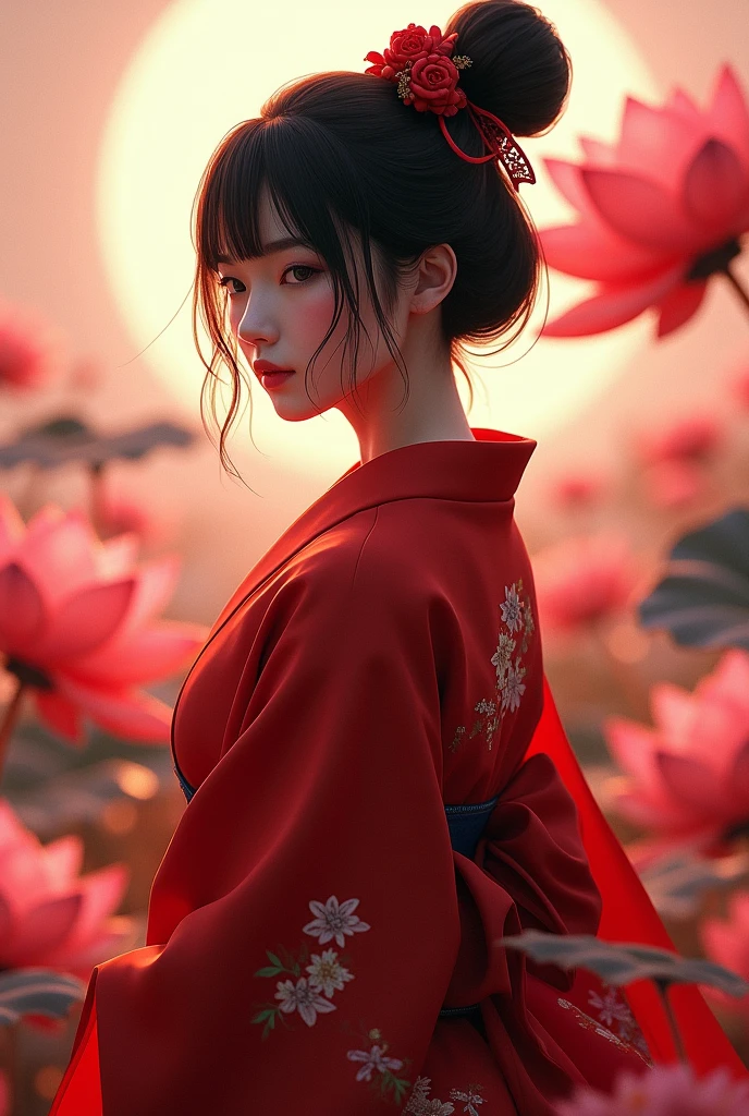 Amaterasu Omikami, Short black hair tied back, Red kimono, The ...