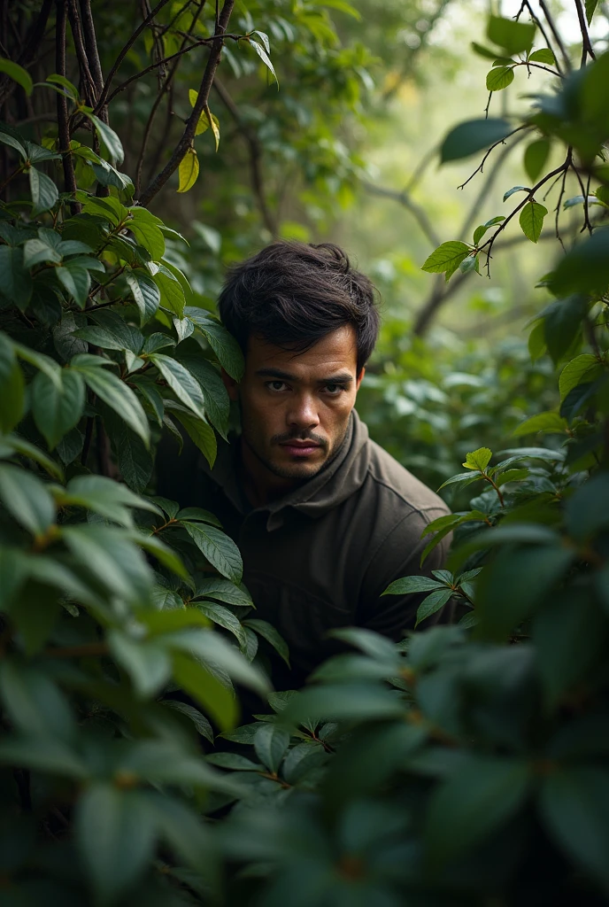 A man peeking out from behind the bushes - SeaArt AI