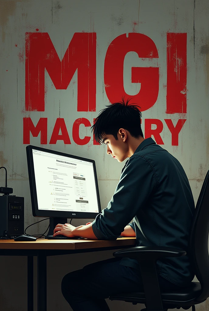 Make an image of a young man using a computer and writing MGI machinery ...