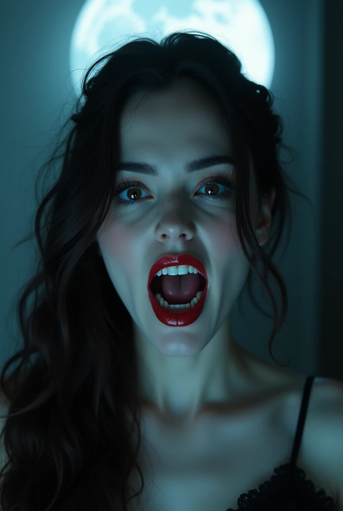 Beautiful sexy vampire girl, mouth open, sharp fangs visible - SeaArt AI