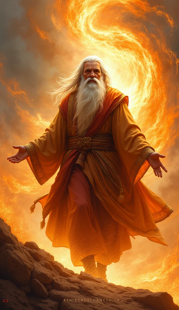 Elderly man,white beard and hair,Biblical garments, inside a whirlwind ...