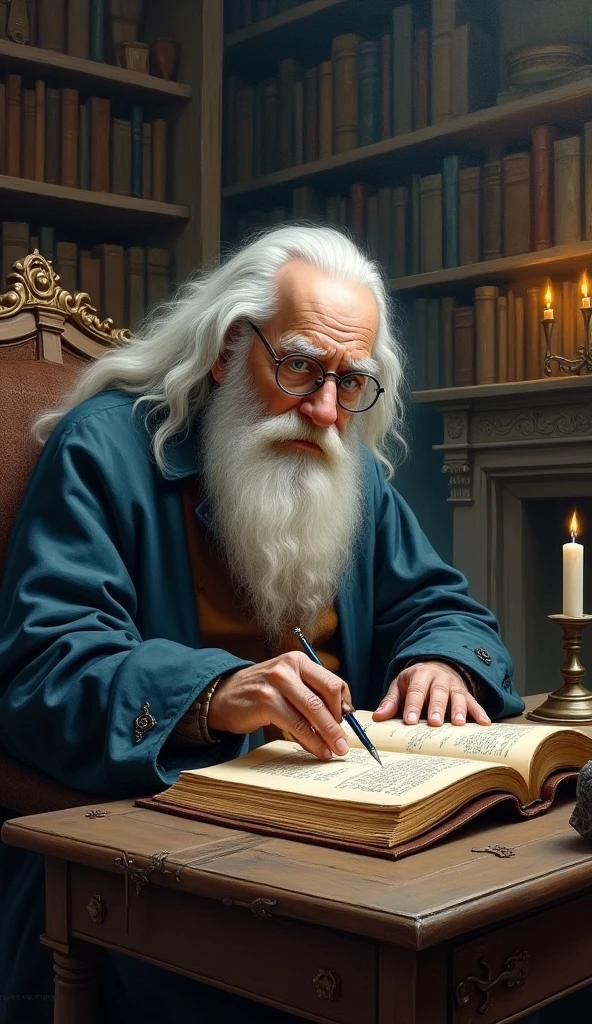 Old Dumbledore sitting in his study reading a spellbook。 - SeaArt AI