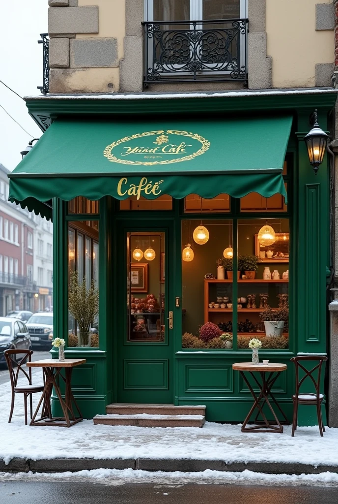 Close-up of the entrance of a green and luxurious cafe on the street ...