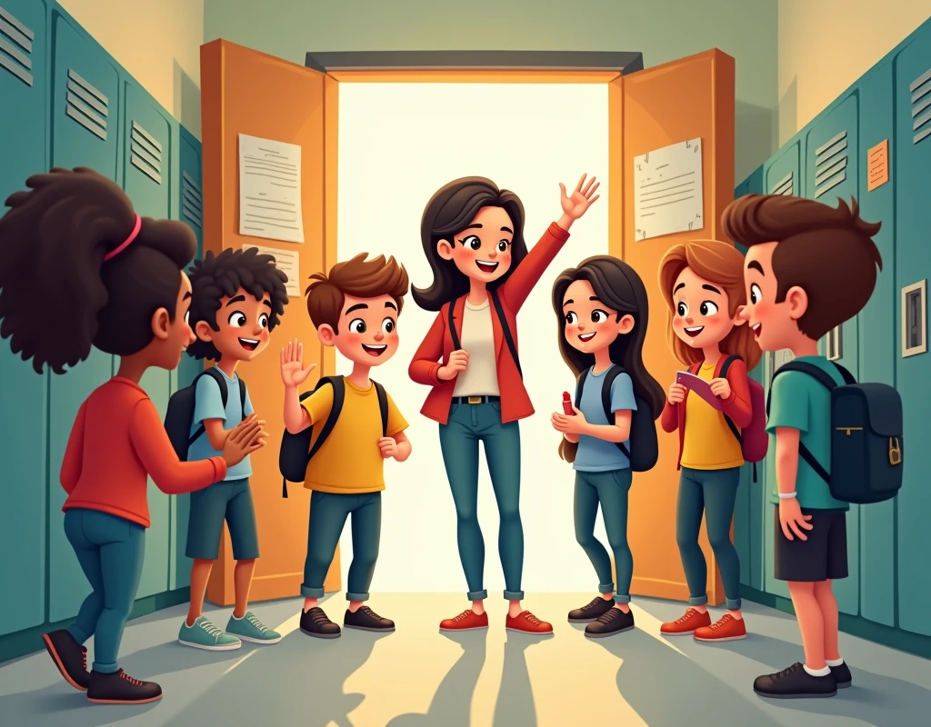 School off time and students say goodbye to teacher. The picture is in cartoon f - SeaArt AI