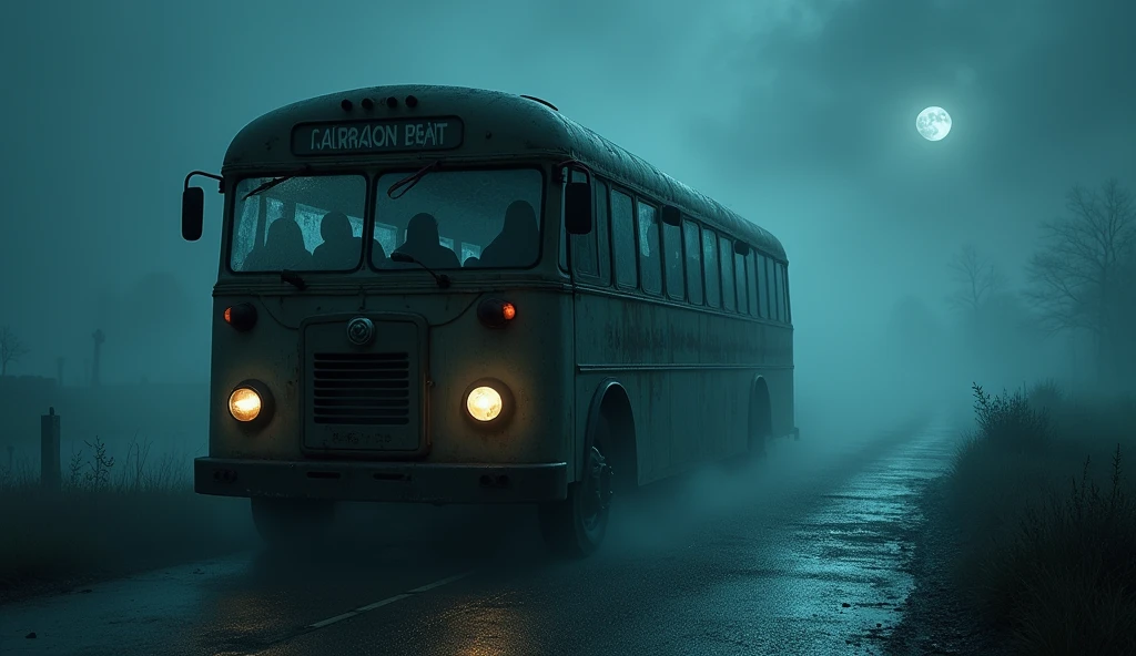 "A dilapidated, eerie bus emerging from thick fog on a desolate road at ...