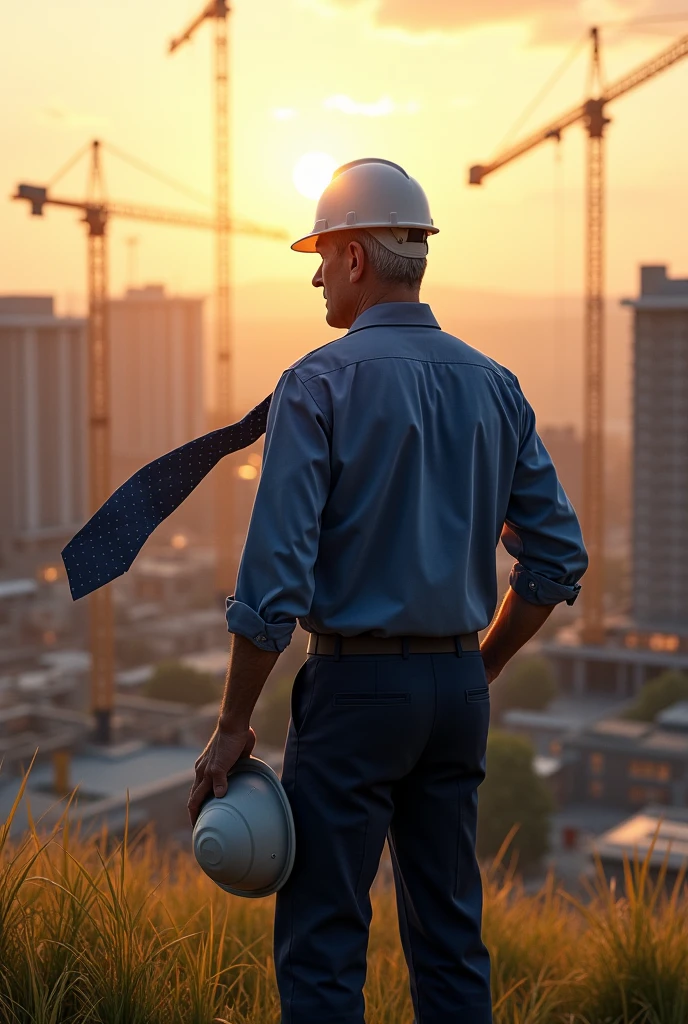 A civil engineer wearing a navy blue shirt and tie, holding his helmet ...