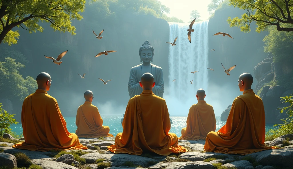 Give me 5 wise monk meditating near a Buddhist statue in nature with ...