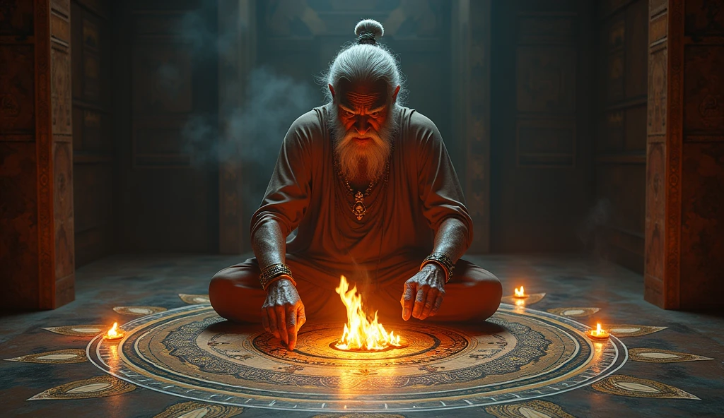 A Indian aged tantrik doing black magic rituals with skills in circular ...