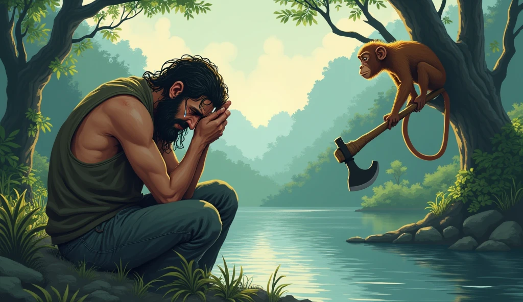 "A sad woodcutter sitting on the edge of the riverbank, his head hung ...