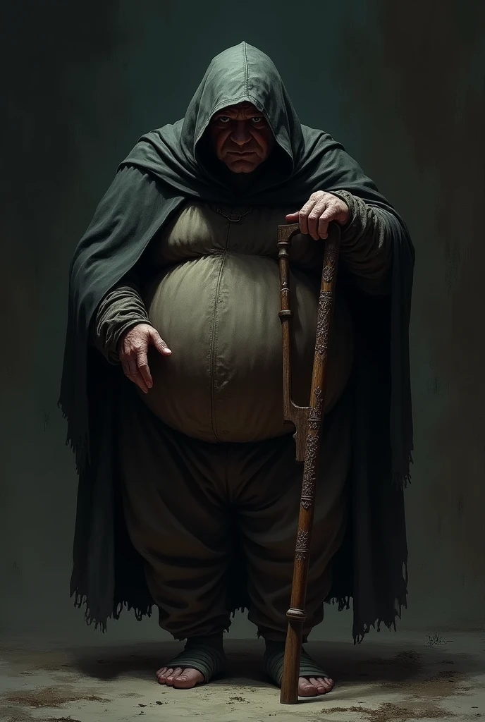 FAT MAN WITH BLACK HOOD ON A CRUTCH - SeaArt AI