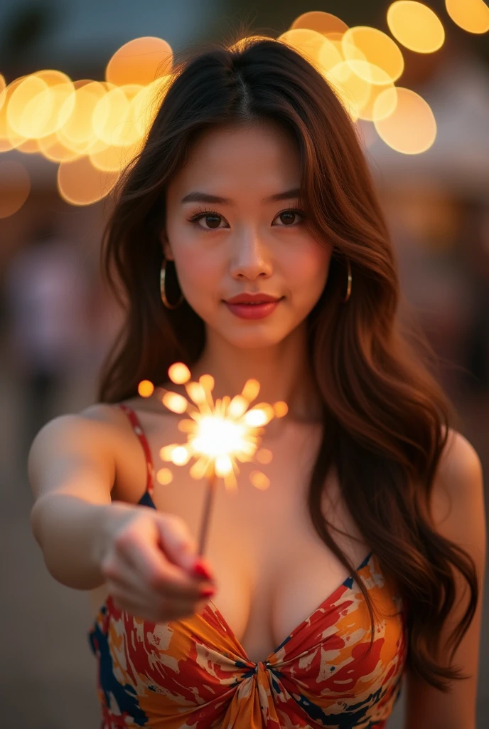 A young half Thai Korea woman with a serene expression, standing outdoors with a - SeaArt AI