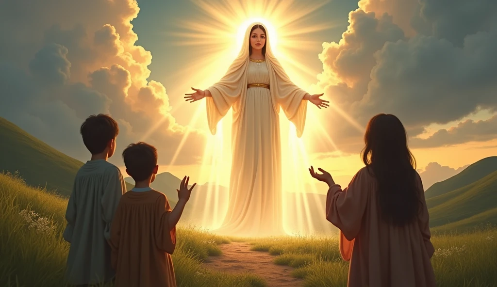 Children Lúcia, Francisco and Jacinta, looking at a luminous apparition ...